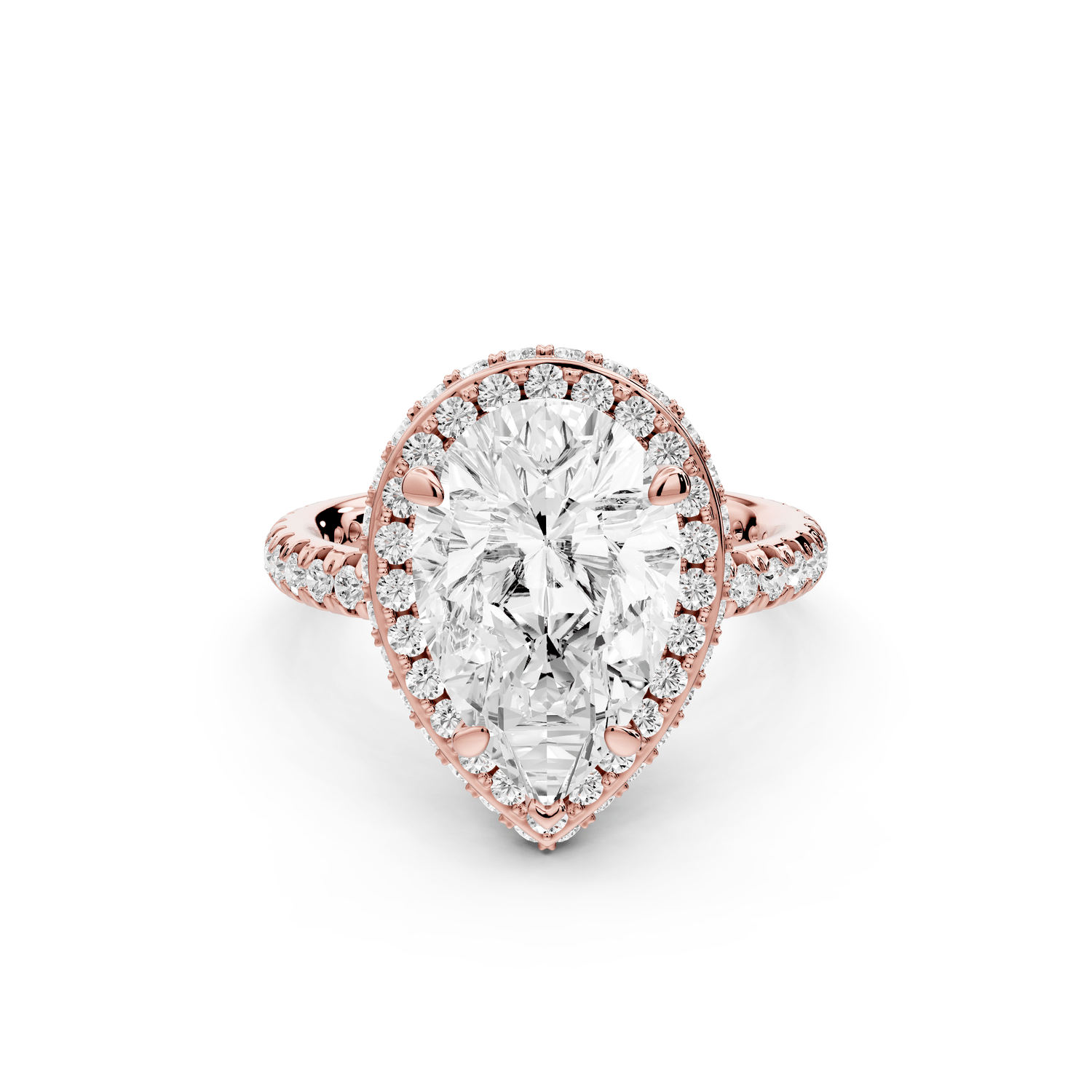 Amelie - 3ct 18k rose gold pear Diamond with Rollover Halo and Pavé ...