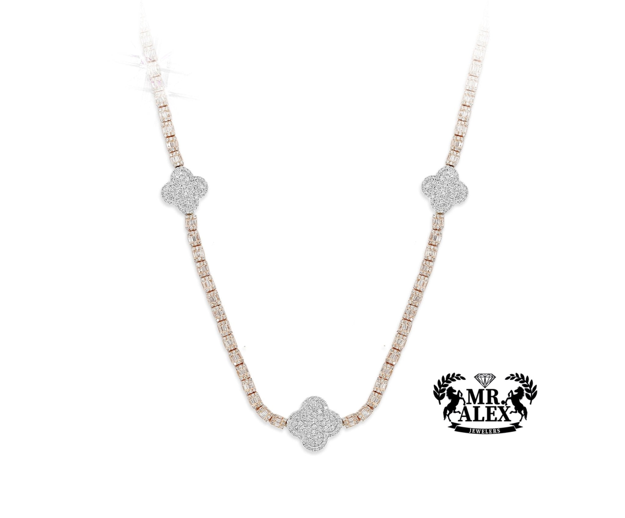 10K Gold Triple Clover Design tennis Diamond Chain 7.50ct - Necklaces ...